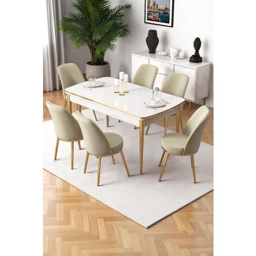 Nira - White, Gold, Cream White Gold Cream Extendable Dining Table & Chairs Set (7 Pieces)