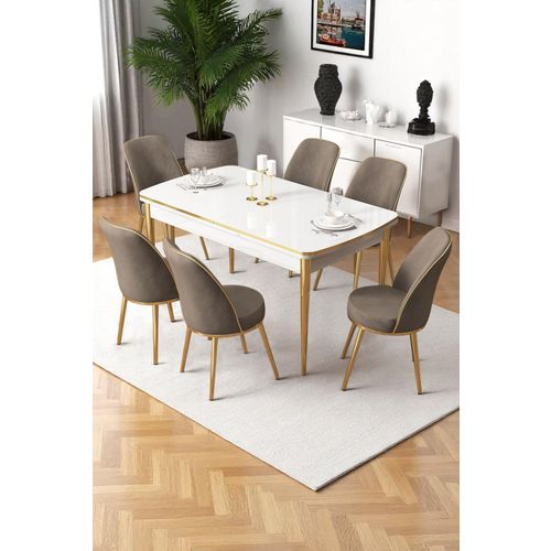 Nira - White, Gold, Cappuccino White Gold Cappuccino Extendable Dining Table & Chairs Set (7 Pieces)