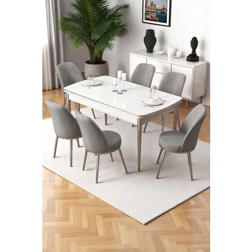 Nira - White, Chrome, Grey White Chrome Grey Extendable Dining Table & Chairs Set (7 Pieces)