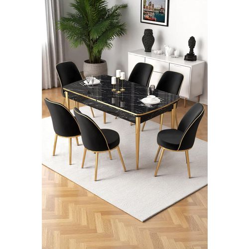 Nira - Black Marble, Gold, Black Black Marble Gold Black Extendable Dining Table & Chairs Set (7 Pieces)