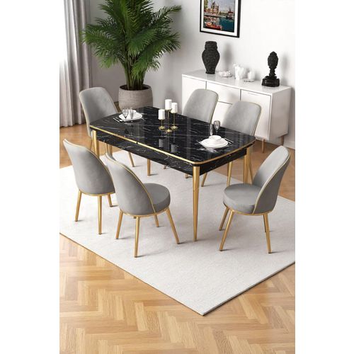 Nira - Black Marble, Gold, Grey Black Marble Gold Grey Extendable Dining Table & Chairs Set (7 Pieces)