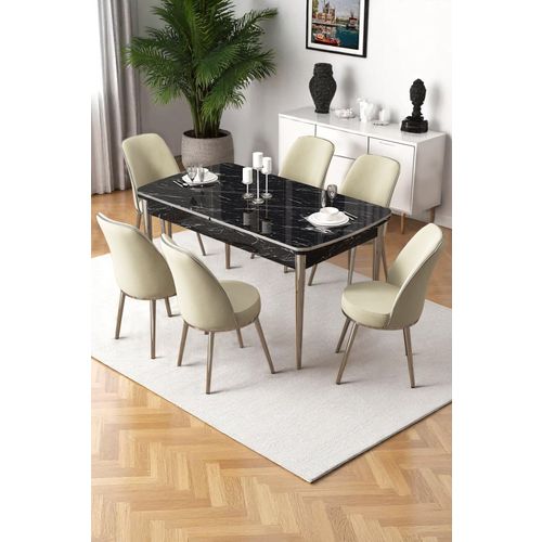 Nira - Black Marble, Chrome, Cream Black Marble Chrome Cream Extendable Dining Table & Chairs Set (7 Pieces)