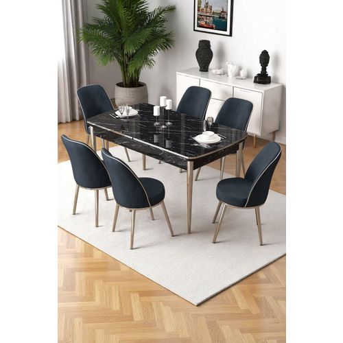 Nira - Black Marble, Chrome, Anthracite Black Marble Chrome Anthracite Extendable Dining Table & Chairs Set (7 Pieces)