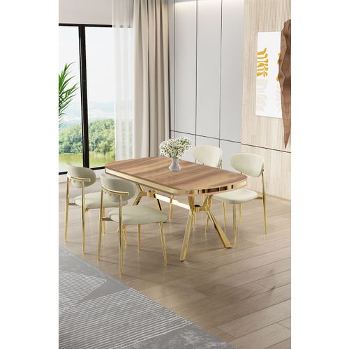 Olya - Oak, Gold, Cream Oak Gold Cream Dining Table & Chairs Set (5 Pieces)
