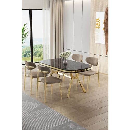 Olya - Black Marble, Gold, Cappuccino Black Marble Gold Cappuccino Dining Table & Chairs Set (5 Pieces)
