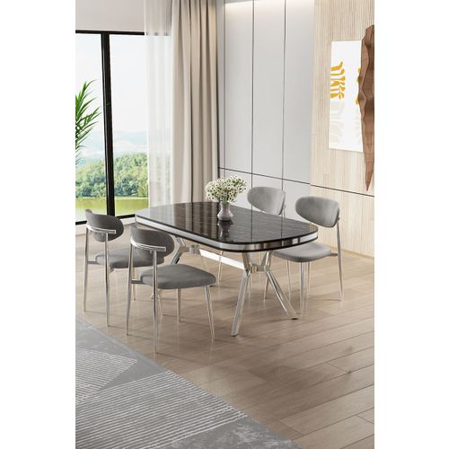Olya - Black Marble, Chrome, Grey Black Marble Chrome Grey Dining Table & Chairs Set (5 Pieces)