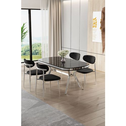 Olya - Black Marble, Chrome, Black Black Marble Chrome Black Dining Table & Chairs Set (5 Pieces)