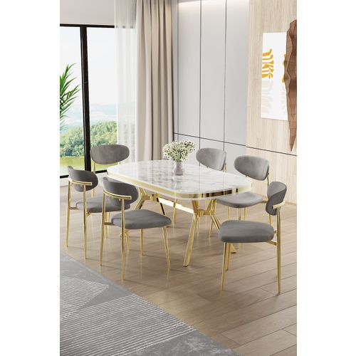 Olya - White Marble, Gold, Grey White Marble Gold Grey Dining Table & Chairs Set (7 Pieces)