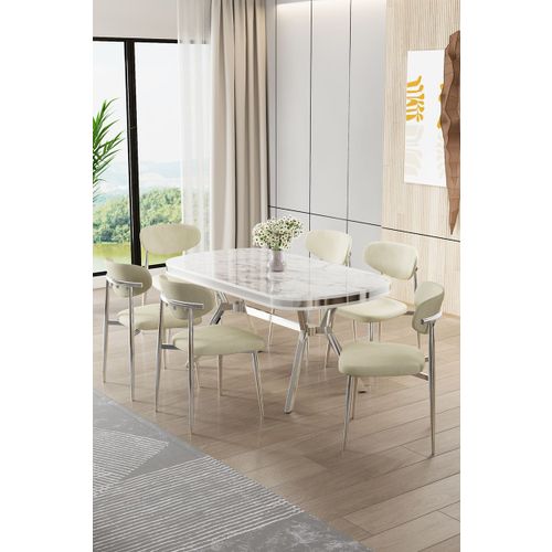 Olya - White Marble, Chrome, Cream White Marble Chrome Cream Dining Table & Chairs Set (7 Pieces)