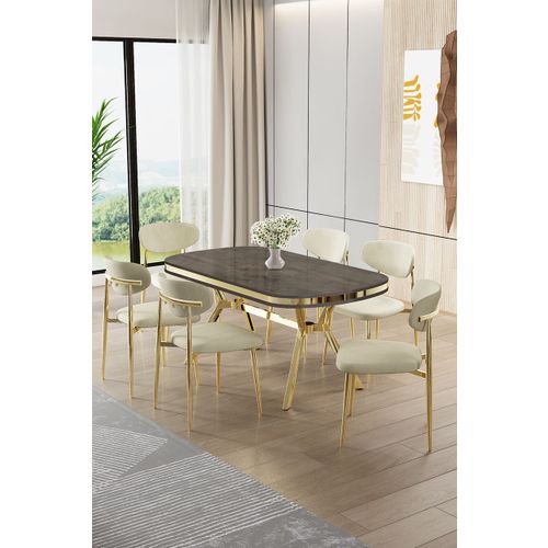 Olya - Anthracite, Gold, Cream Anthracite Gold Cream Dining Table & Chairs Set (7 Pieces)