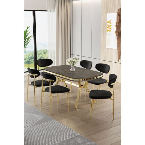 Olya - Anthracite, Gold, Black Anthracite Gold Black Dining Table & Chairs Set (7 Pieces)