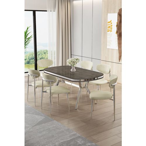 Olya - Anthracite, Chrome, Cream Anthracite Chrome Cream Dining Table & Chairs Set (7 Pieces)