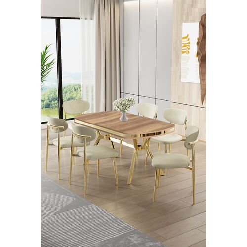 Olya - Oak, Gold, Cream Oak Gold Cream Dining Table & Chairs Set (7 Pieces)