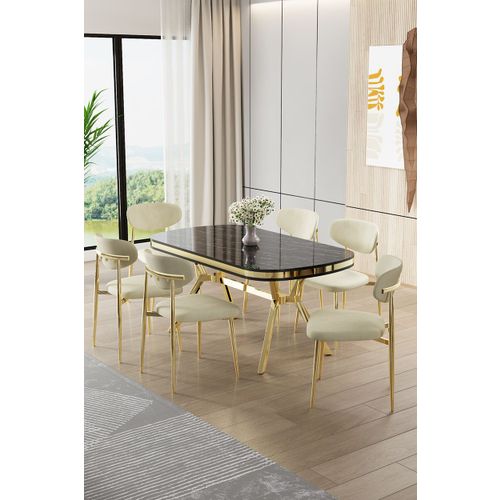 Olya - Black Marble, Gold, Cream Black Marble Gold Cream Dining Table & Chairs Set (7 Pieces)