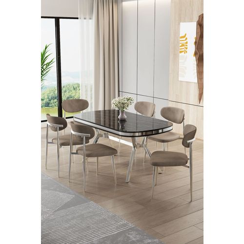 Olya - Black Marble, Chrome, Cappuccino Black Marble Chrome Cappuccino Dining Table & Chairs Set (7 Pieces)