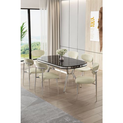 Olya - Black Marble, Chrome, Cream Black Marble Chrome Cream Dining Table & Chairs Set (7 Pieces)