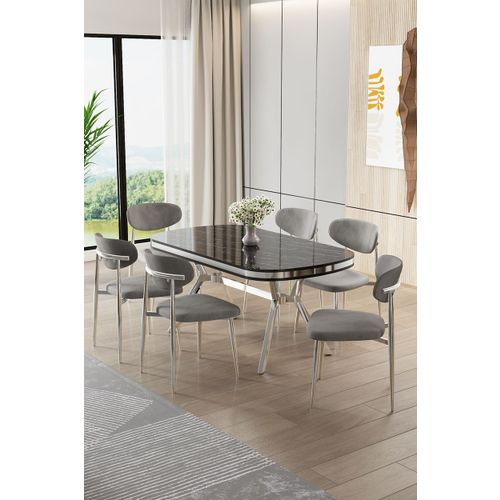Olya - Black Marble, Chrome, Grey Black Marble Chrome Grey Dining Table & Chairs Set (7 Pieces)