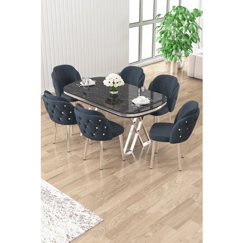Zae - Black Marble, Chrome, Anthracite Black Marble Chrome Anthracite Dining Table & Chairs Set (7 Pieces)