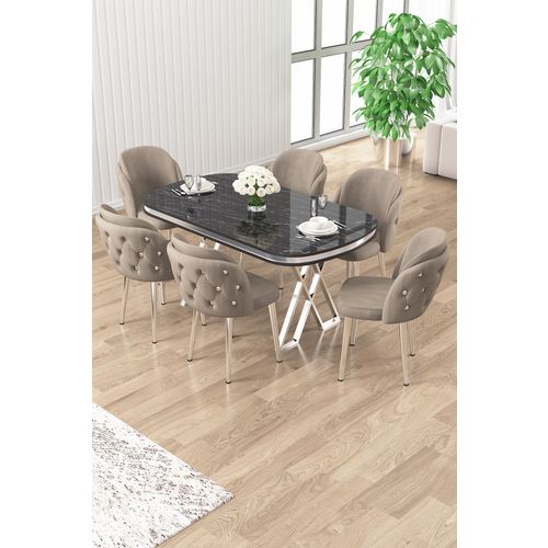 Zae - Black Marble, Chrome, Cappuccino Black Marble Chrome Cappuccino Dining Table & Chairs Set (7 Pieces)