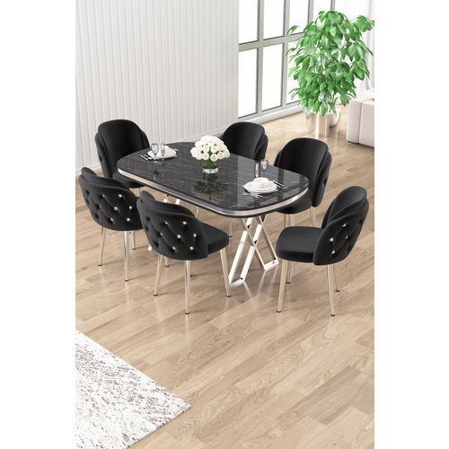 Zae - Black Marble, Chrome, Black Black Marble Chrome Black Dining Table & Chairs Set (7 Pieces)