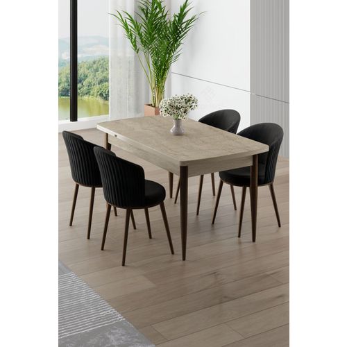 Asfel - Travertine, Black Travertine Black Extendable Dining Table & Chairs Set (5 Pieces)