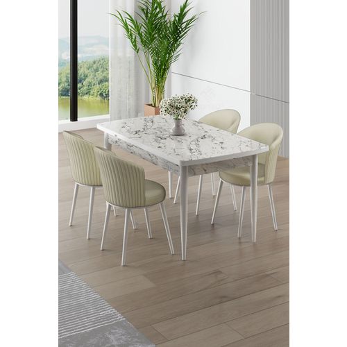 Asfel - White Marble, Cream White Marble Cream Extendable Dining Table & Chairs Set (5 Pieces)