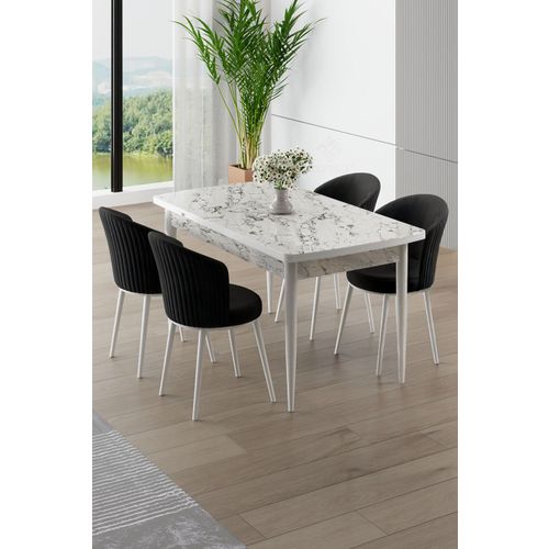 Asfel - White Marble, Black White Marble Black Extendable Dining Table & Chairs Set (5 Pieces)