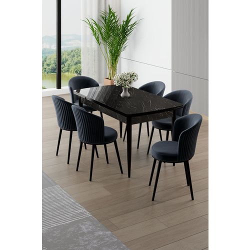 Asfel - Black Marble, Anthracite Black Marble Anthracite Extendable Dining Table & Chairs Set (7 Pieces)