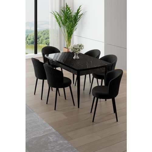 Asfel - Black Marble, Black Black Marble Black Extendable Dining Table & Chairs Set (7 Pieces)