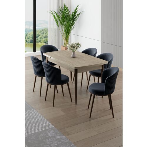 Asfel - Travertine, Anthracite Travertine Anthracite Extendable Dining Table & Chairs Set (7 Pieces)
