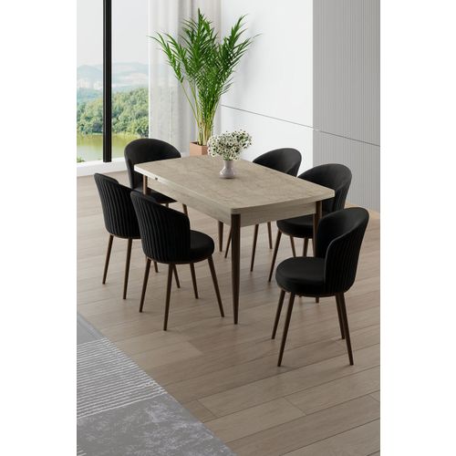 Asfel - Travertine, Black Travertine Black Extendable Dining Table & Chairs Set (7 Pieces)