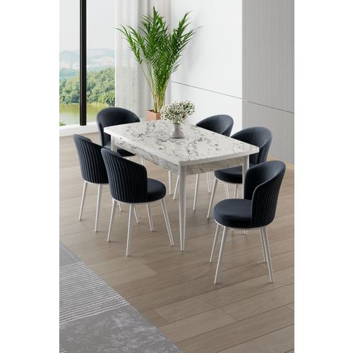 Asfel - White Marble, Anthracite BEYAZ MERMER ANTRASİT Extendable Dining Table & Chairs Set (7 Pieces)