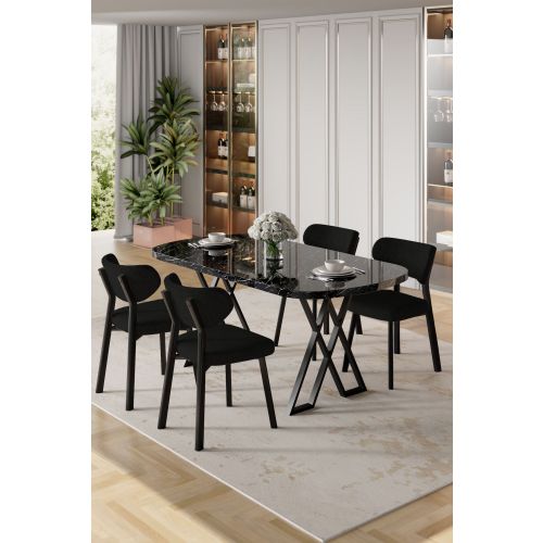 Axton - Black Marble, Black Black Marble Black Dining Table & Chairs Set (5 Pieces)