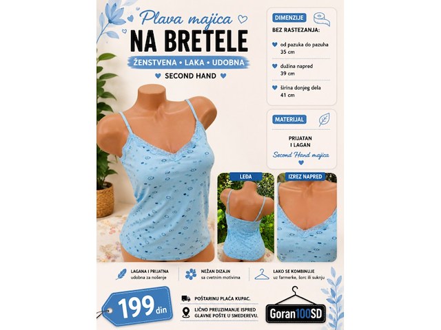 Plava majica na bretele sa čipkom– lagana letnja majica