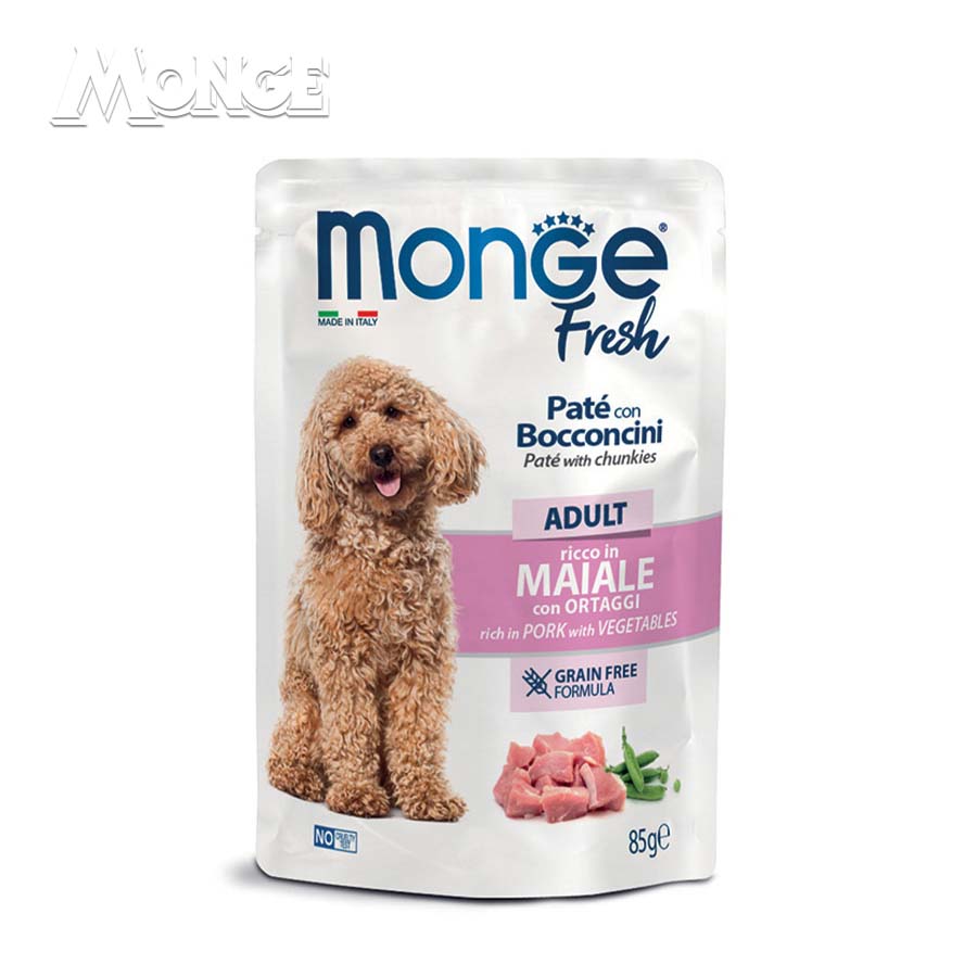 Monge Fresh Adult Pate , Pork with Vegetables, sa Komadićima Svinjetine i Povrća za Odrasle Pse - 85g