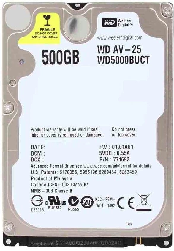 HDD 2.5 * 500GB WD5000BUCT WD AV-25 24/7 5400RPM 16MB SATA 9.5MM