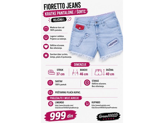 Fioretto Jeans – Teksas šorts sa čipkanim detaljima | L