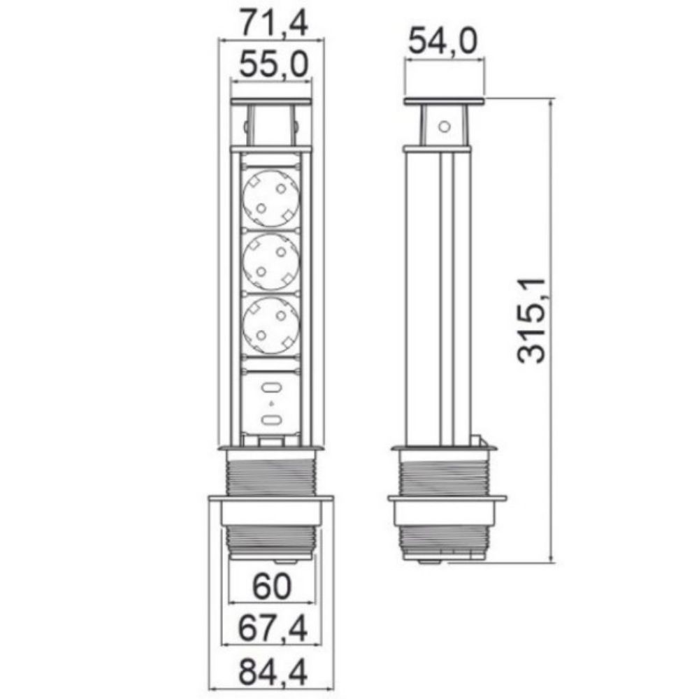 Utičnica za izvlačenje za radni sto fi60 3xšuko+2x punjač 5v/2,1a siva gtv ae-bpw3s60u-80 "gtv"