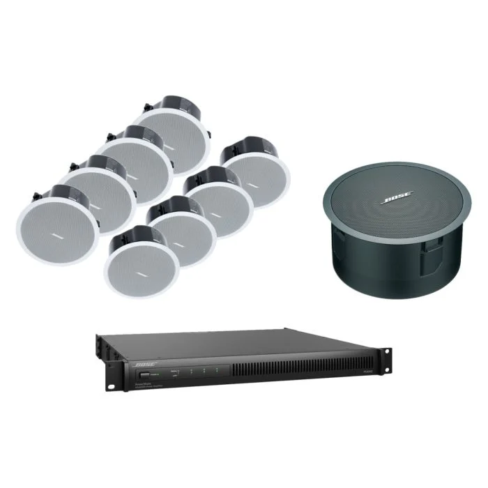 BOSE FreeSpace komplet ozvučenja: 8× ugradni plafonski zvučnik FS4CE, ugradni bas modul (subwoofer) FS3IIB, četvorokanalno pojačalo PS404D