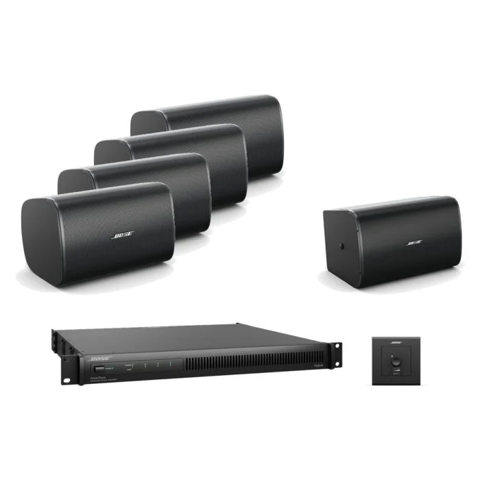 BOSE DesignMax komplet ozvučenja: 4× zidni zvučnik DM8S, subwoofer DM10S-SUB, četvorokanalno pojačalo PS604D, zonski kontroler CC-1D