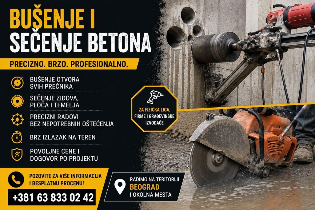 Bušenje i sečenje betona – precizno, brzo i profesionalno. Usluge: -