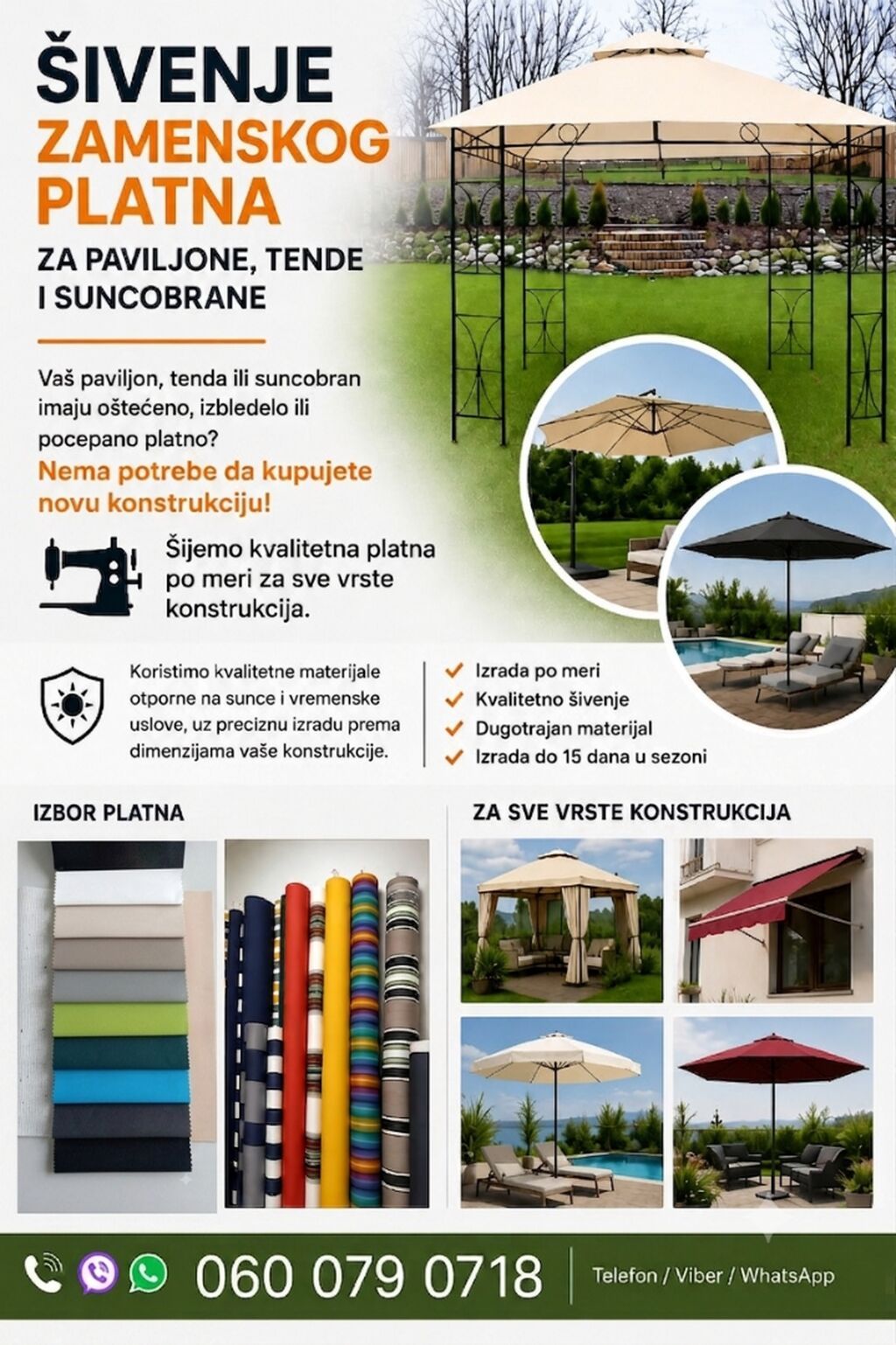 Šivenje zamenskog platna po meri – za paviljone, tende i suncobrane -