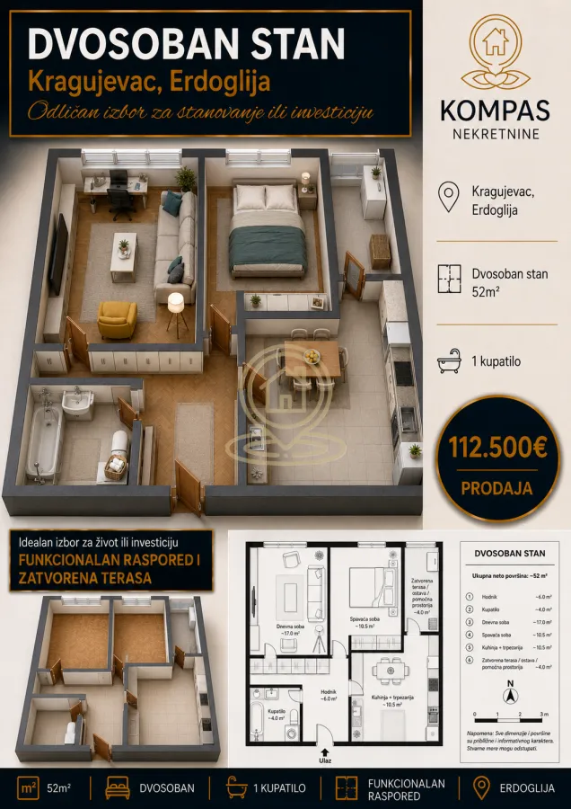 Prodaja, dvosoban stan, 52m², Erdoglija, Kragujevac