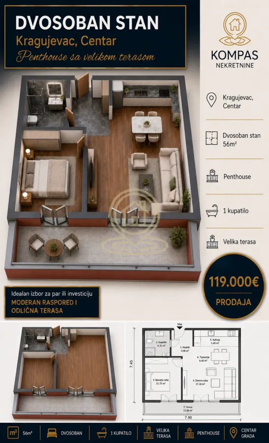 Prodaja, dvosoban stan, 56m², Centar, Kragujevac