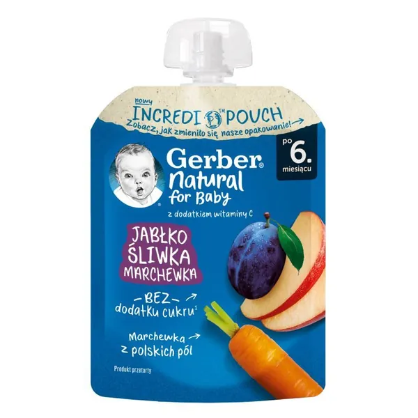 Kašice GERBER voćni pire jabuka, šljiva, šargarepa 80g