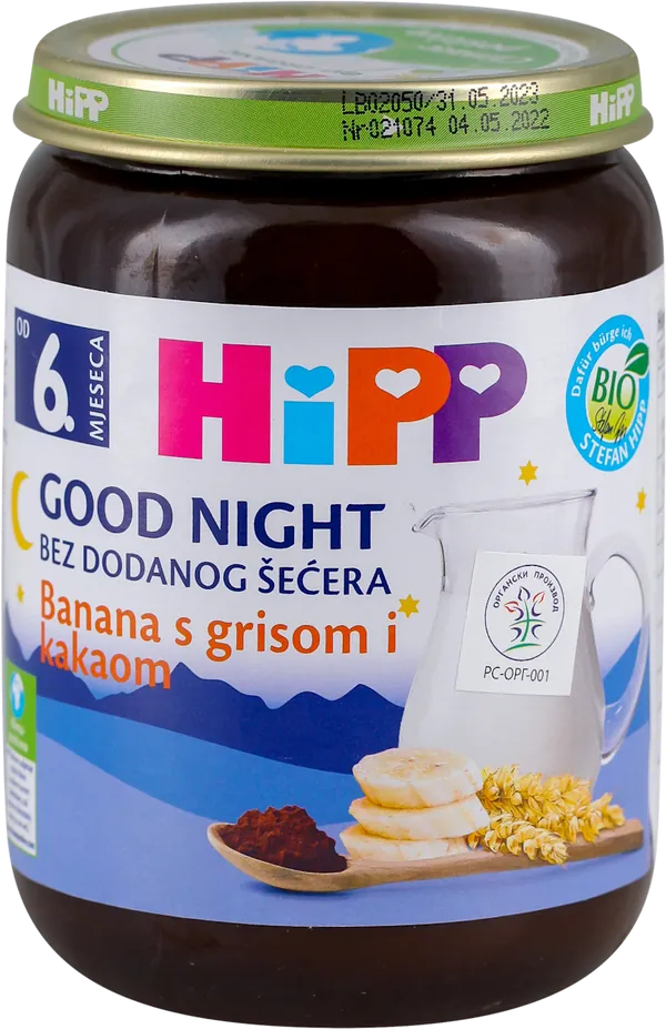 Kašice HIPP BIO Mlečna kašica za laku noć Banana sa grizom i kakaom 190gr