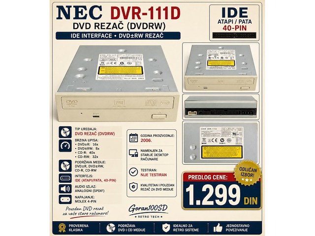 NEC / Optiarc DVD-RW  Model: DVR-111D Tip: DVD rezač (D