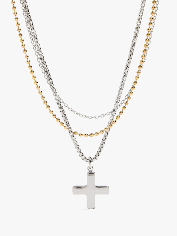 BICOLOR MULTI-COLLAR WITH CROSS PENDANT - STAINLESS STEEL