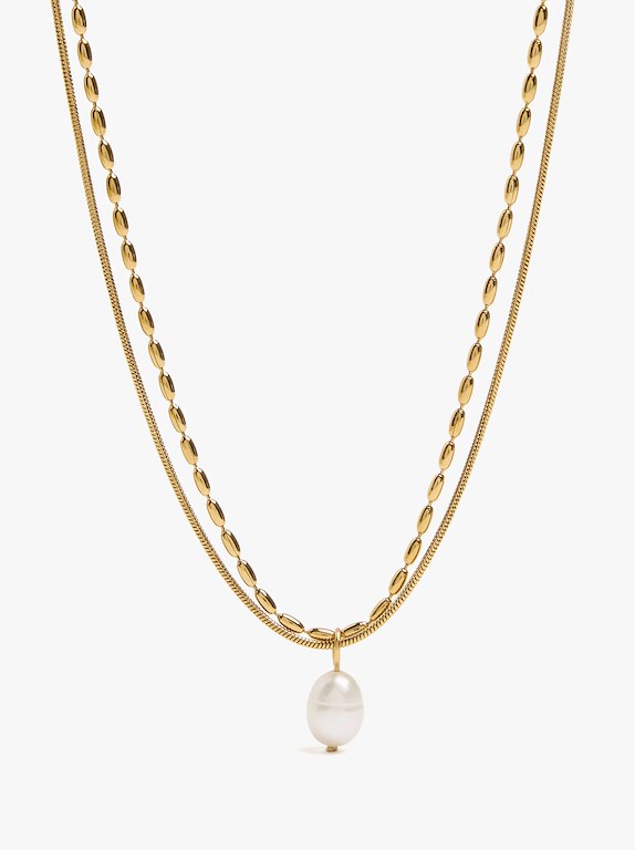 DOUBLE NECKLACE WITH FRESHWATER PEARL - STAINLESS STEEL