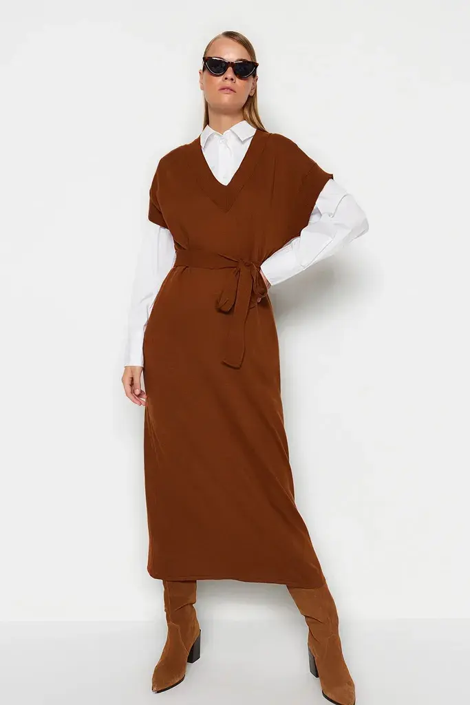 Trendyol Modest Ženska haljina Tctaw24Uv00020, Smeđa